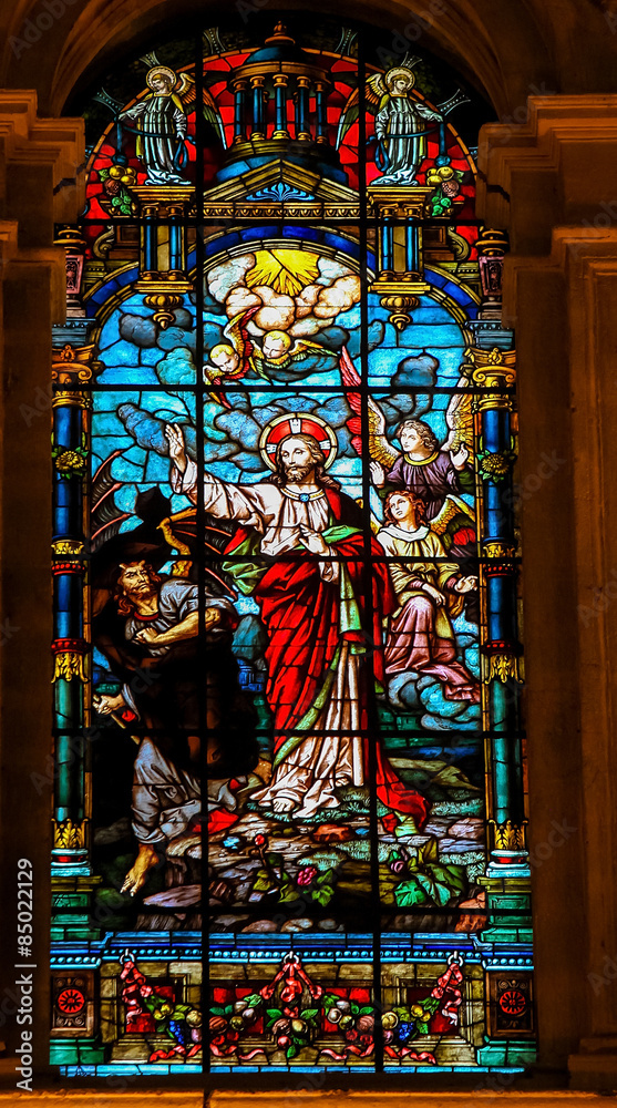 Jesus casting away Lucifer in the desert - Stained Glass Stock Photo ...