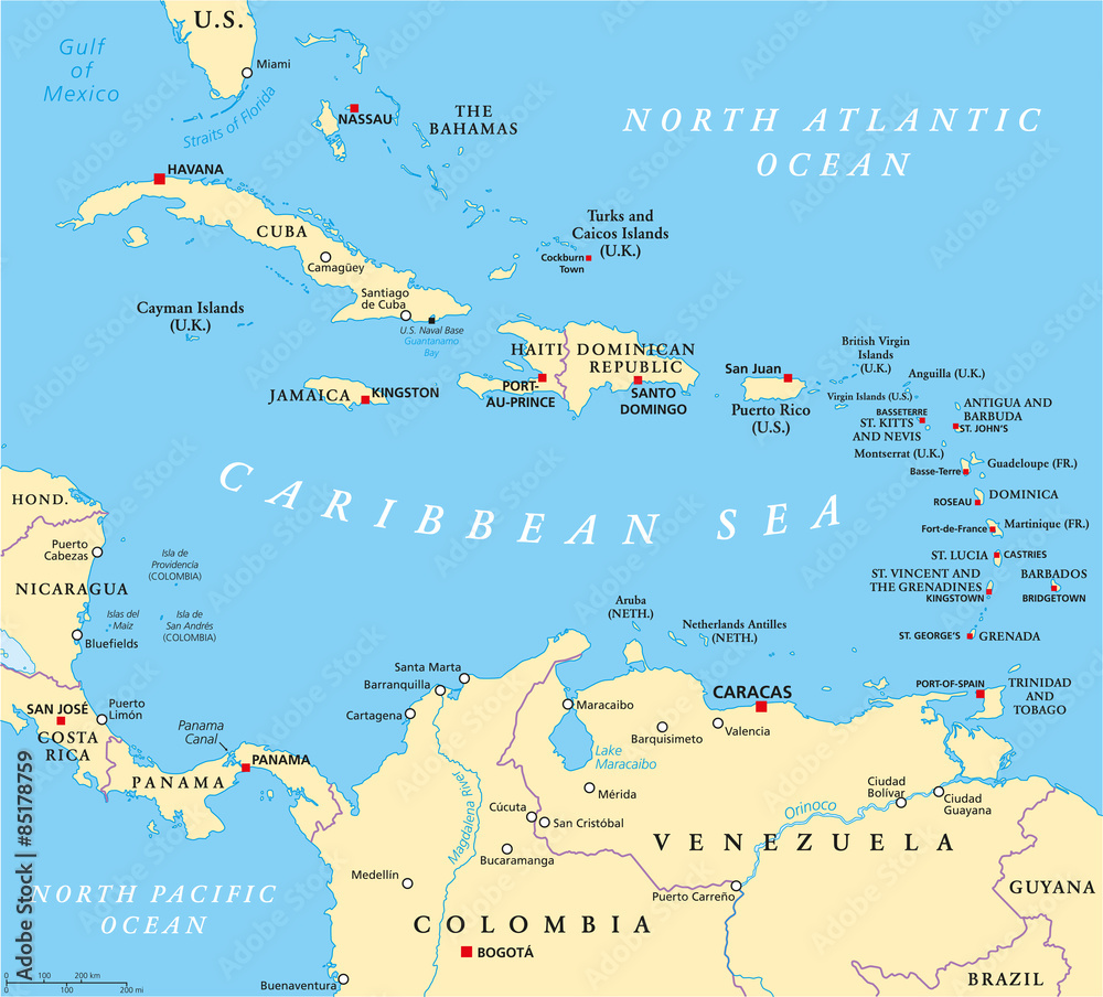 Caribbean political map with capitals, national borders, important ...