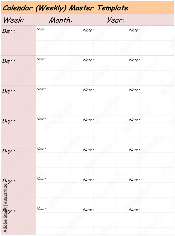 Calendar (Weekly) Master Template , free to fill in on your demand ...