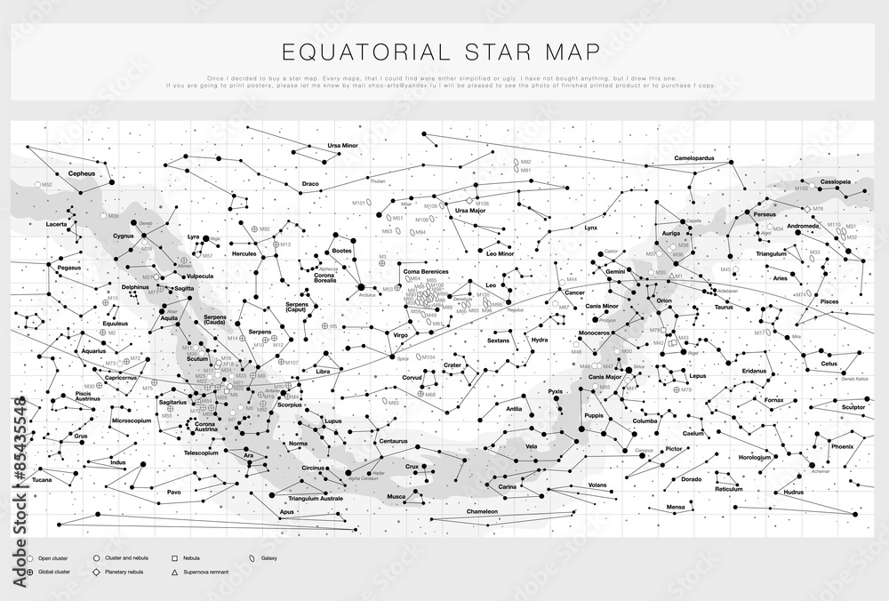 High detailed star map with names of stars, contellations and Messier ...