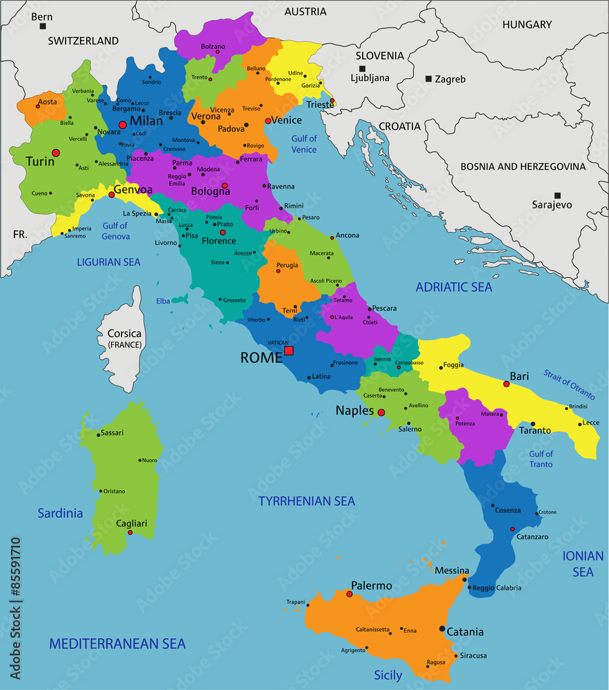 Colorful Italy political map with clearly labeled, separated layers ...