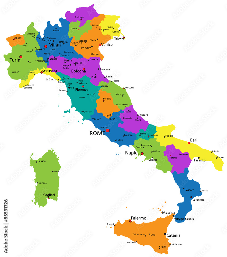 Colorful Italy political map with clearly labeled, separated layers ...