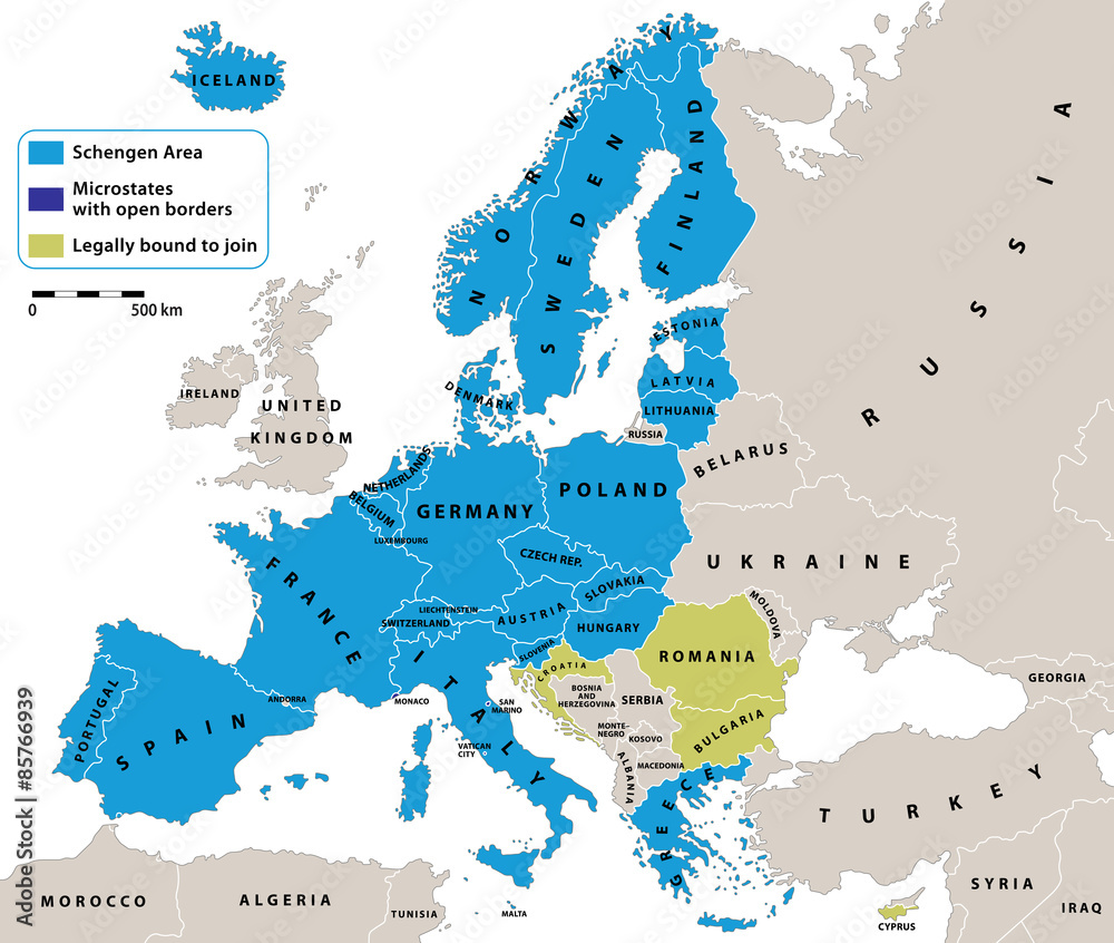 Schengen Area on Europe political map. All data are in layers for easy ...