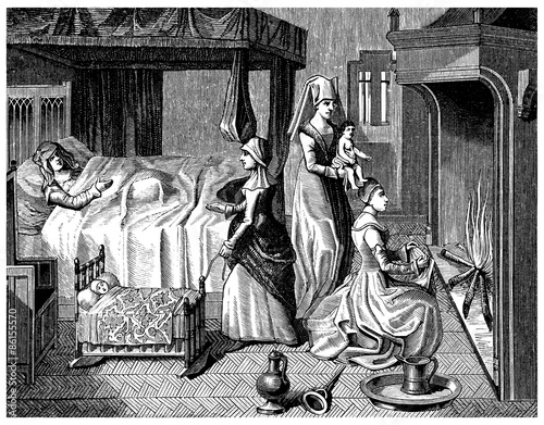 Medieval Scene : Birth - Naissance - 14th century Stock-Illustration ...