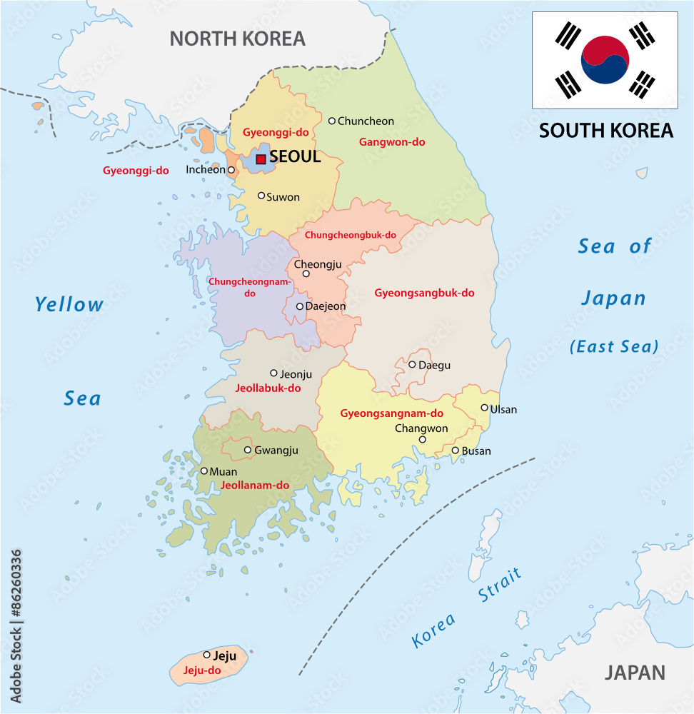 south korea administrative map with flag Stock Vector | Adobe Stock