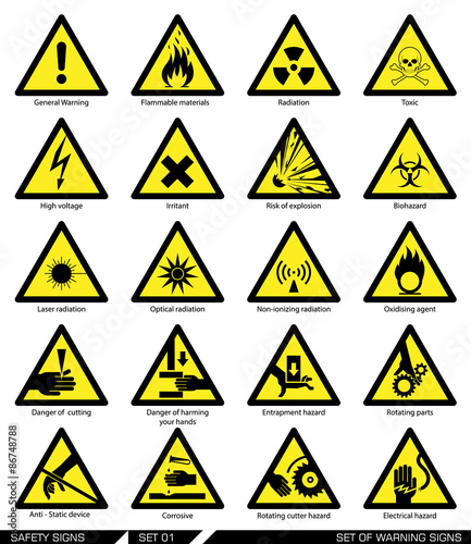 Set of safety signs. Caution signs. Collection of warning signs. Vector ...