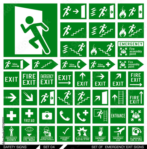 Set of safety signs. Exit signs. Set of emergency exit signs ...