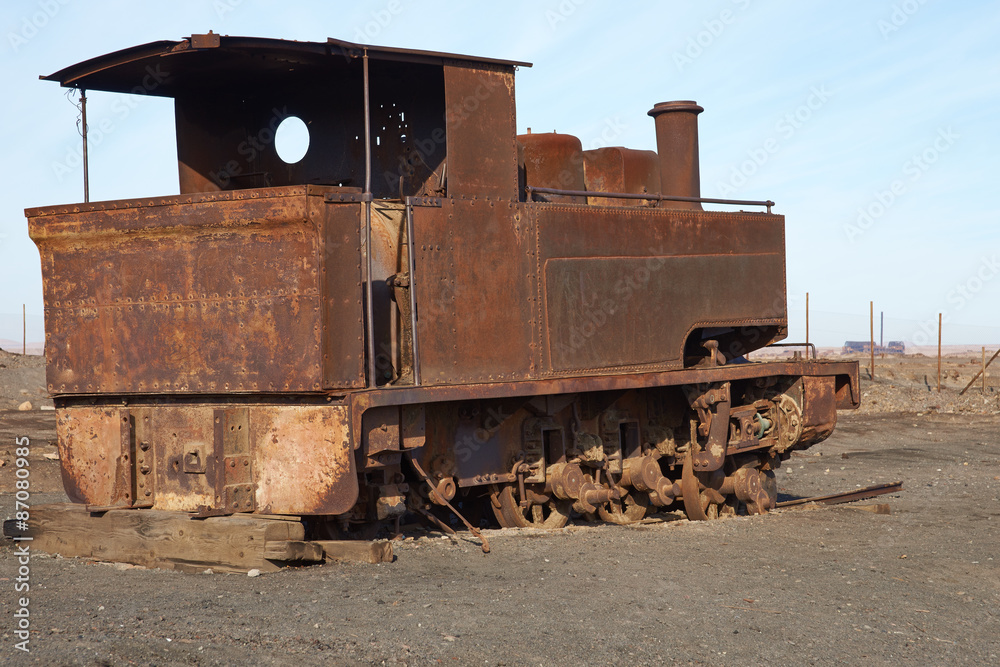 Derelict and rusting steam train at the historic Humberstone Saltpeter ...