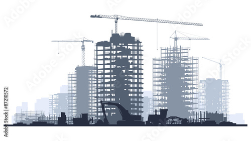 Line illustration of construction site with crane and building. Stock ...