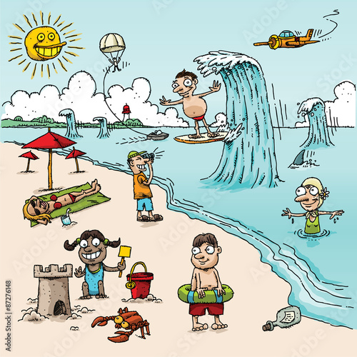 Cartoon people enjoy summer vacation activities on a sunny beach ...