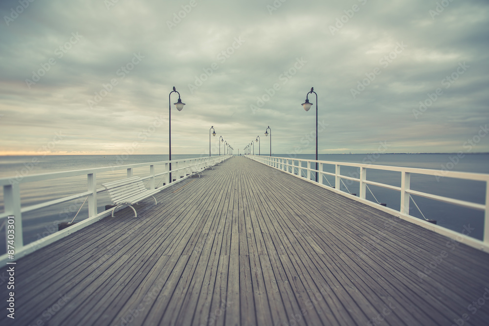 Gdynia Orlowo pier. Vintage photo of Baltic sea shore seascape. Stock ...