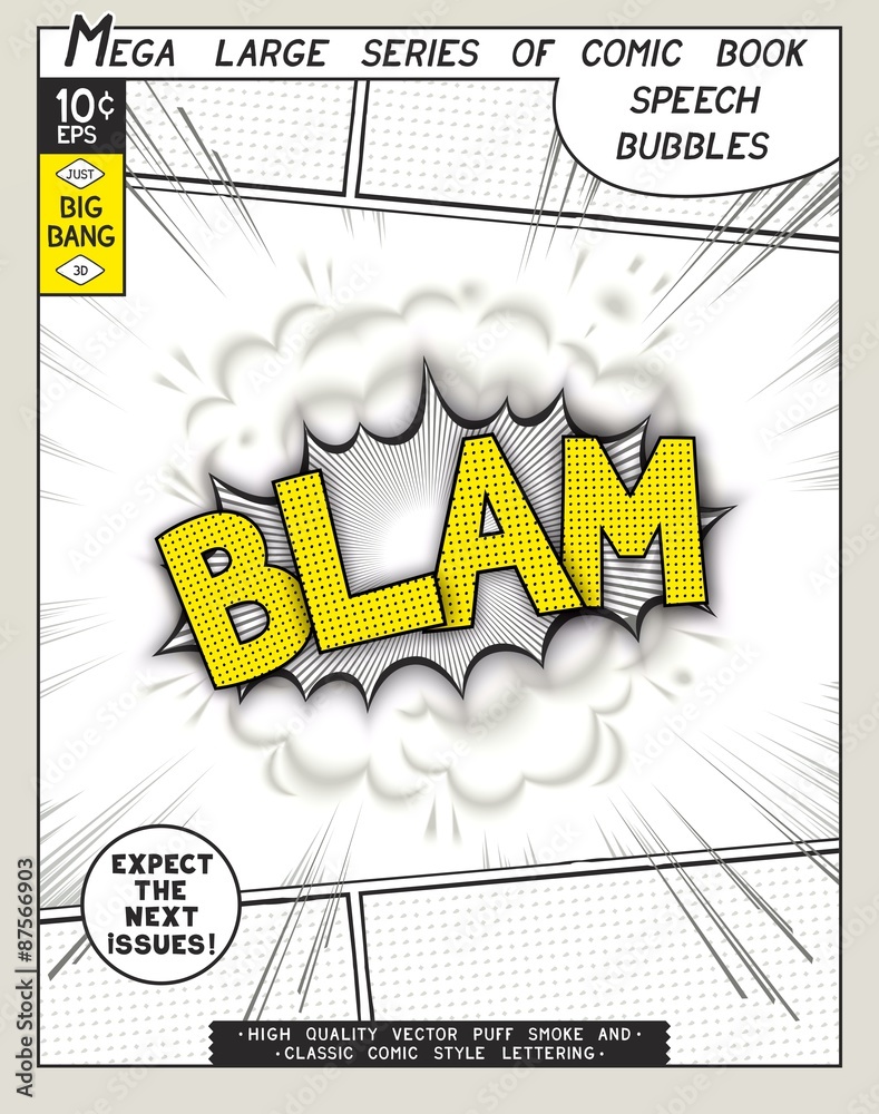 Blam. Explosion in comic style with lettering and realistic puffs smoke ...