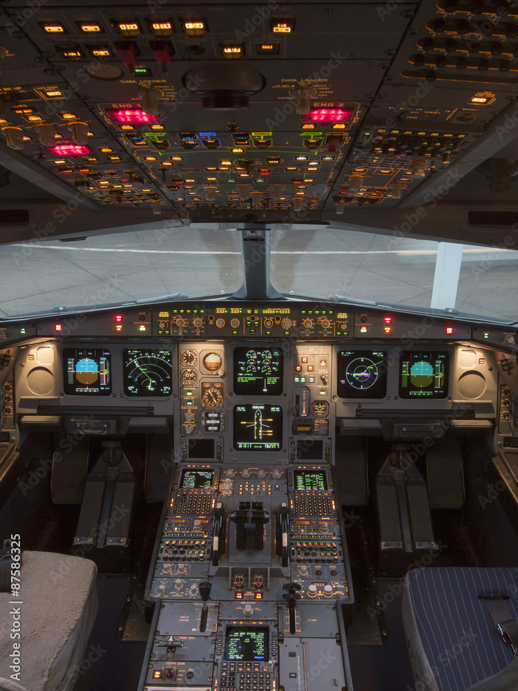 ภาพถ่าย Stock Airbus A330 airplane's cockpit with front,overhead and ...