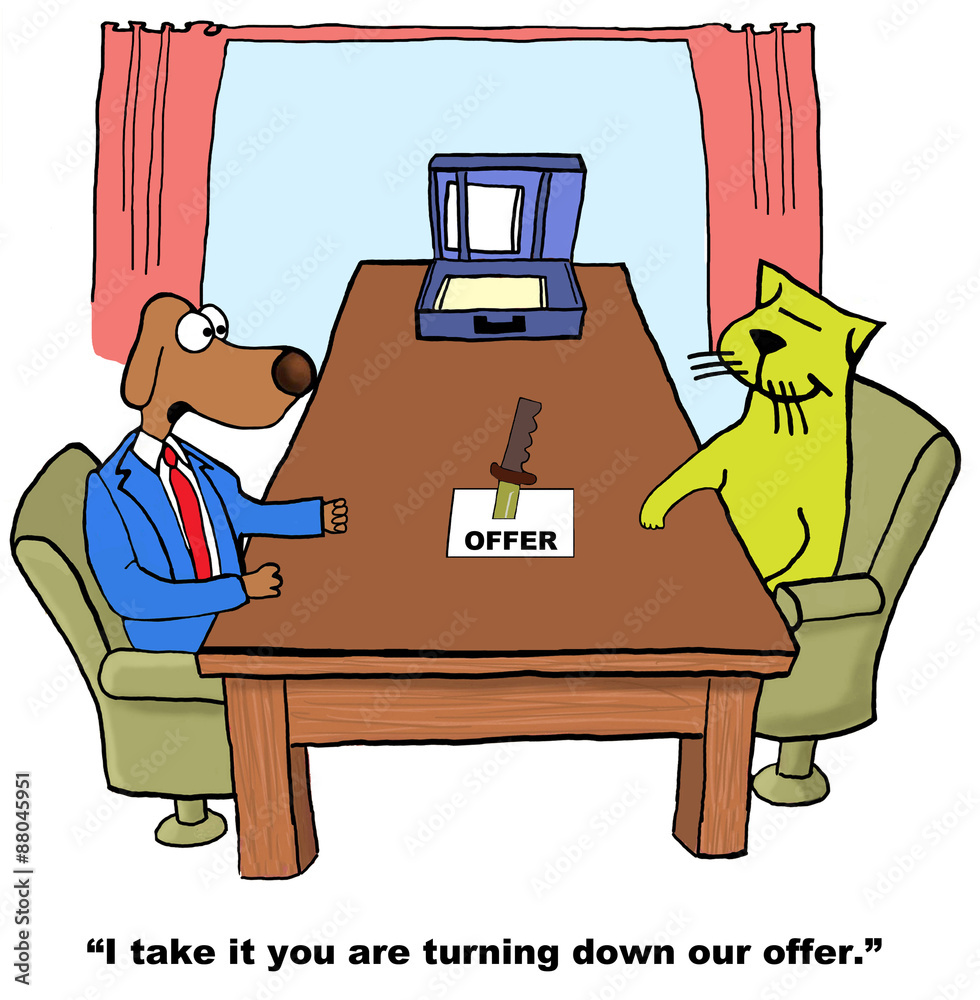 Business cartoon showing dog and cat and offer letter with knife stuck ...
