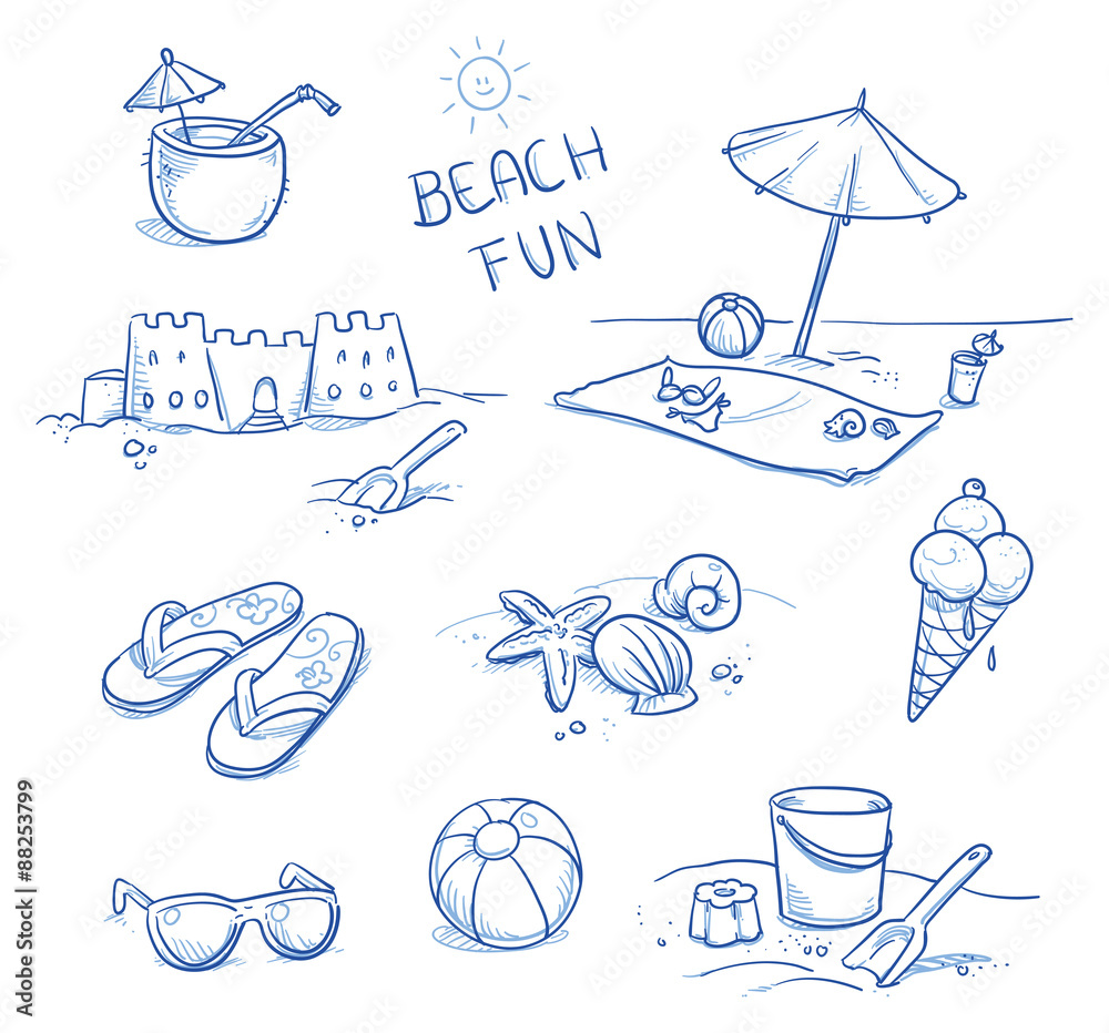 Icon set summer beach holidays, vacation with sand castel, shoes, ice ...