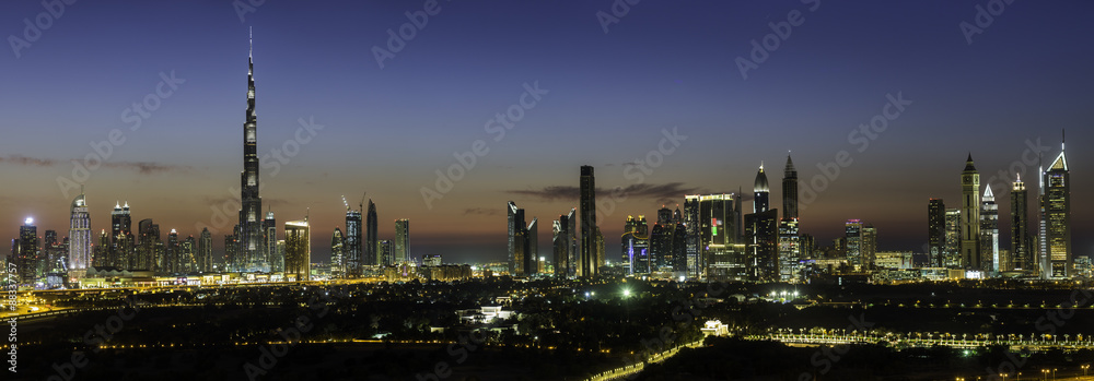 Elevated view of the new Dubai skyline, the Burj Khalifa, modern ...