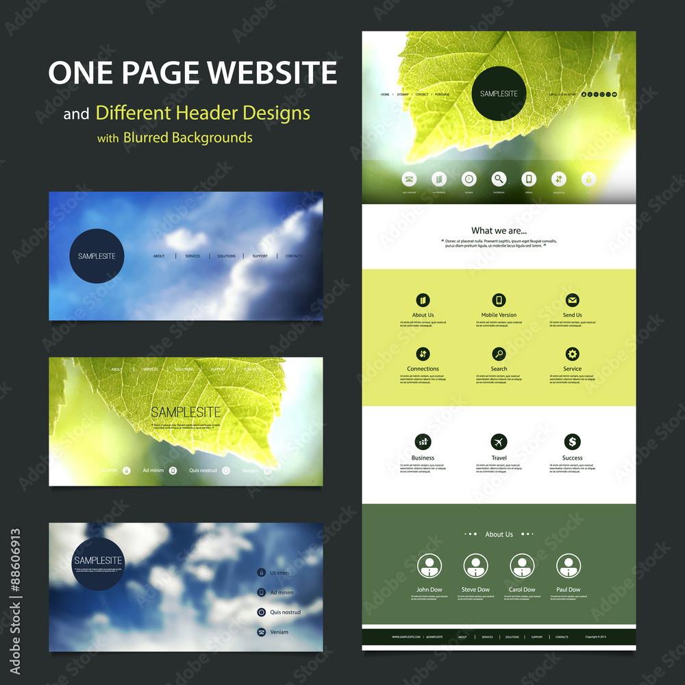 One Page Website Template and Different Header Designs with Blurred ...