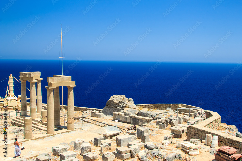 Acropolis Lindos with its temples and picturesque view of sea Stock ...