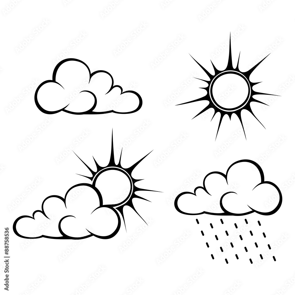 Vector black contours of weather symbols: clouds, sun and rain. Stock ...