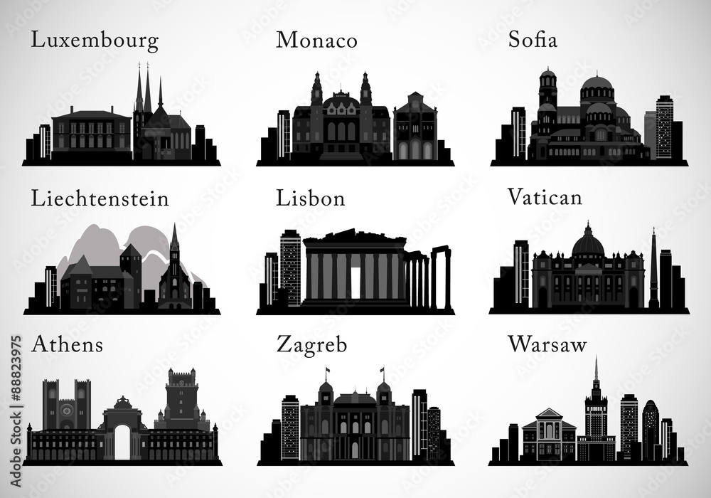 European Cities skylines set. Vector silhouettes. Modern and historical ...