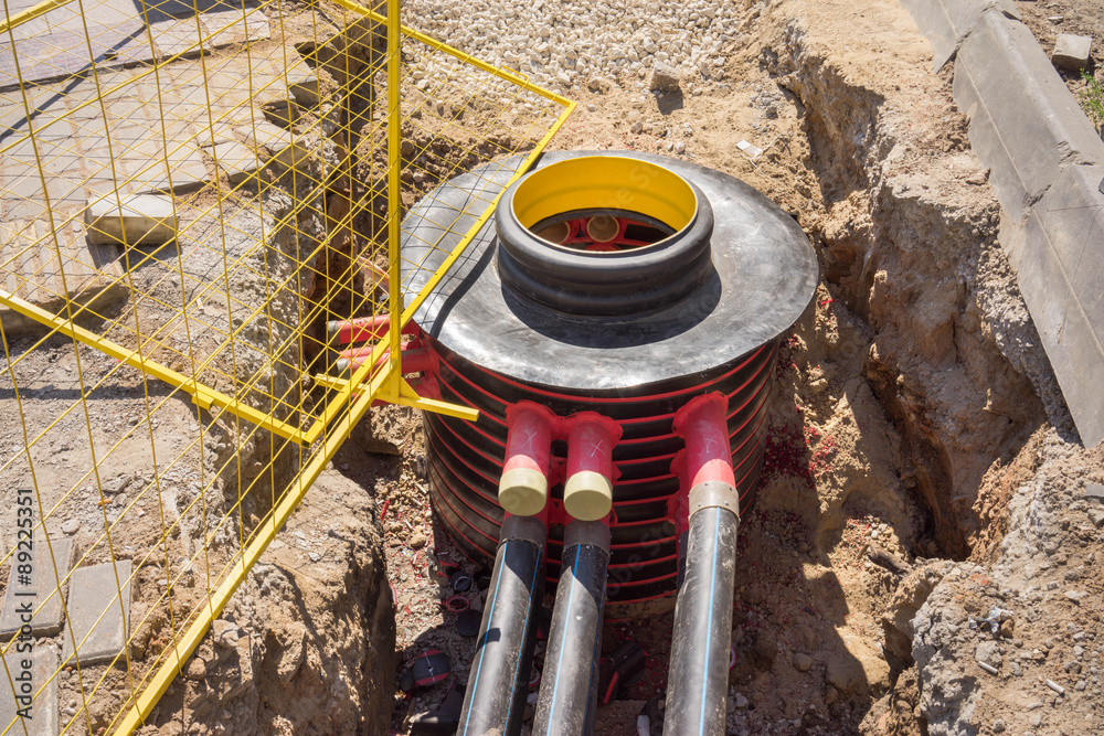 Excavation pit, electrical cables and optical fibres in the digging on ...