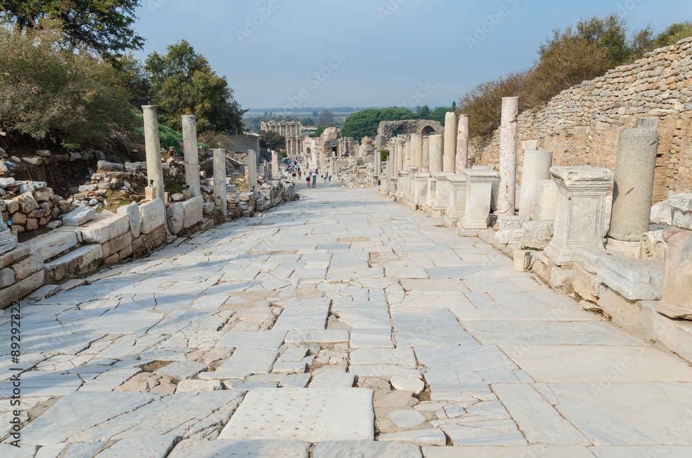 Marble street in ancient Ephesus city, Selcuk, Turkey Stock Photo ...