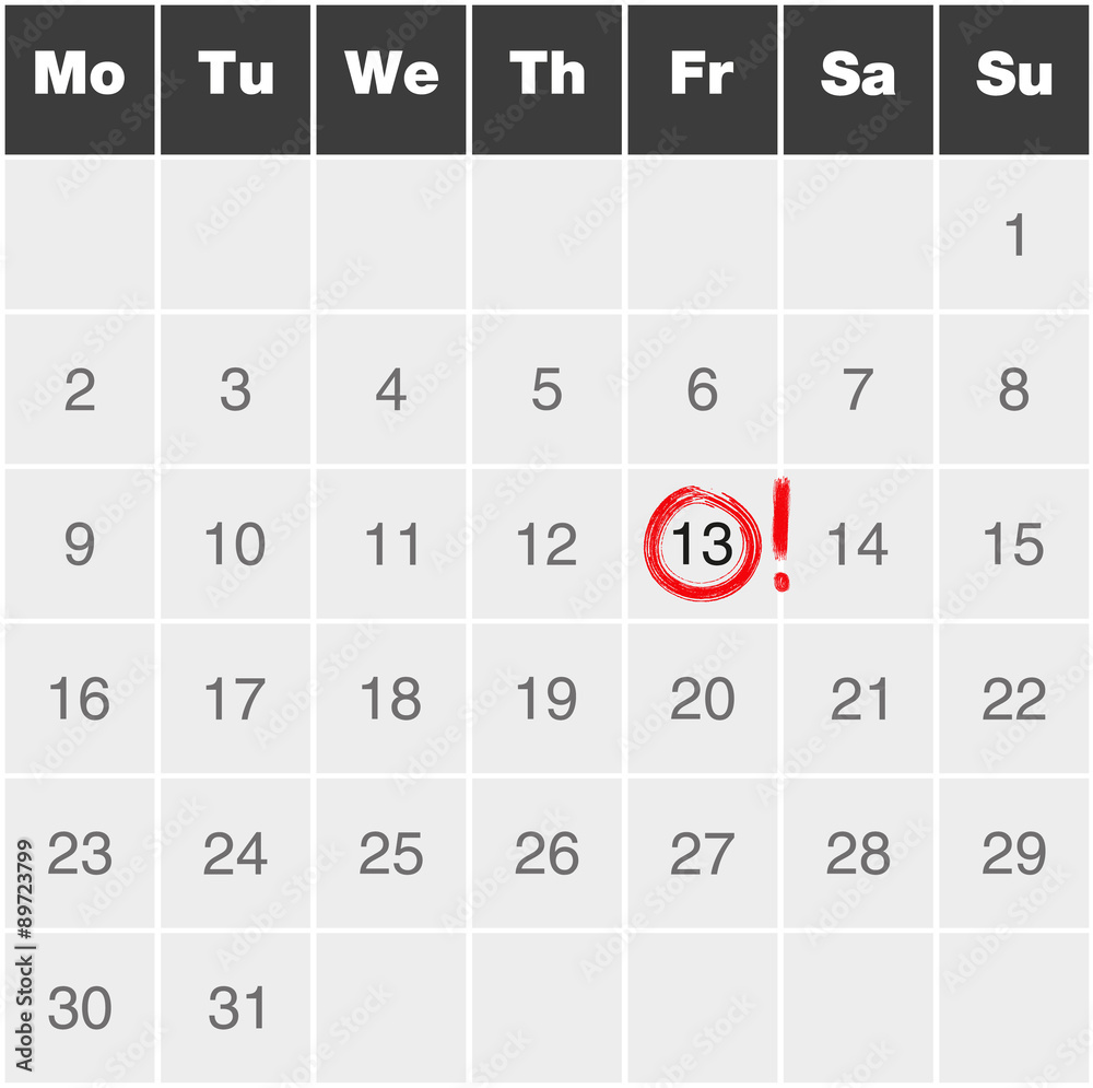 Month calendar monday to sunday with red marked Friday 13th Stock ...