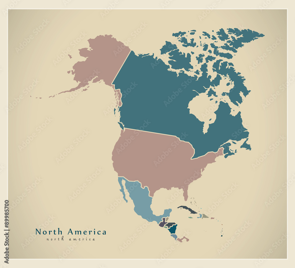 Modern Map - North America Map with countries colored complete Stock ...