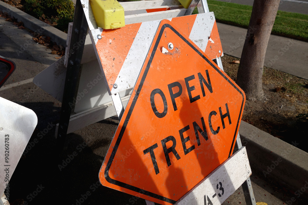 open trench sign and road barricade Stock Photo | Adobe Stock