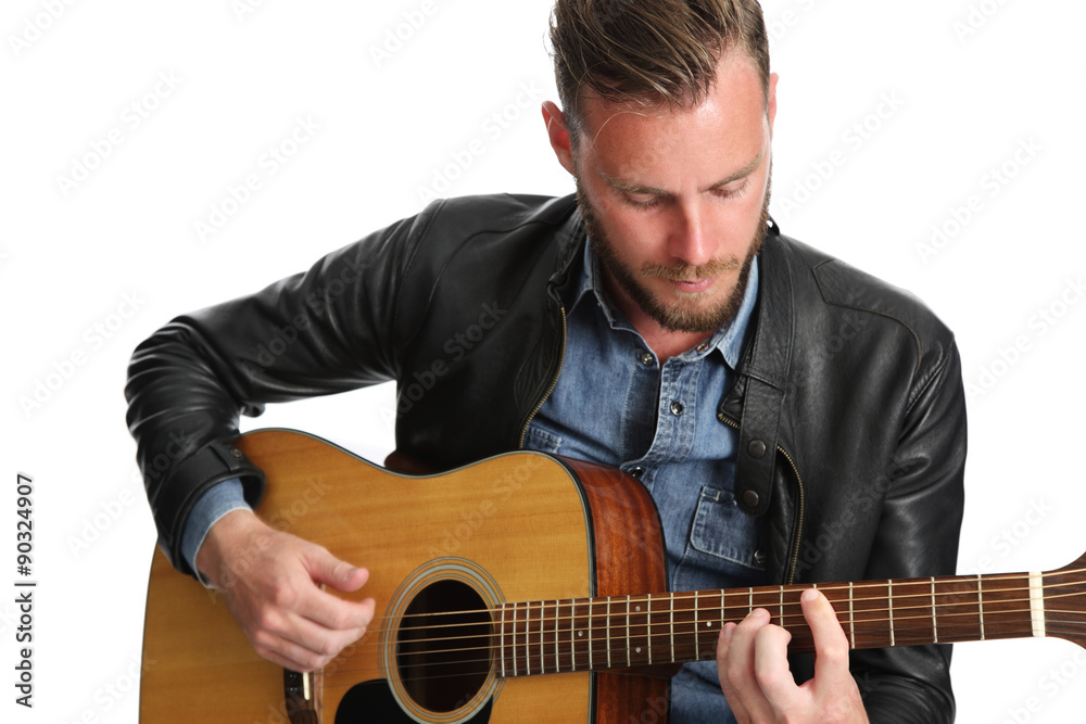 Adult singer-songwriter sitting down with an acoustic guitar. White ...