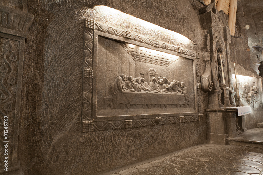 The scene from the Bible which is cut out from salt.Wieliczka Salt Mine ...
