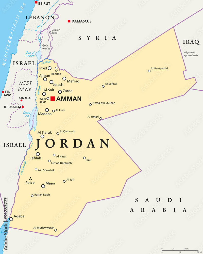 Jordan political map with capital Amman, national borders, important ...
