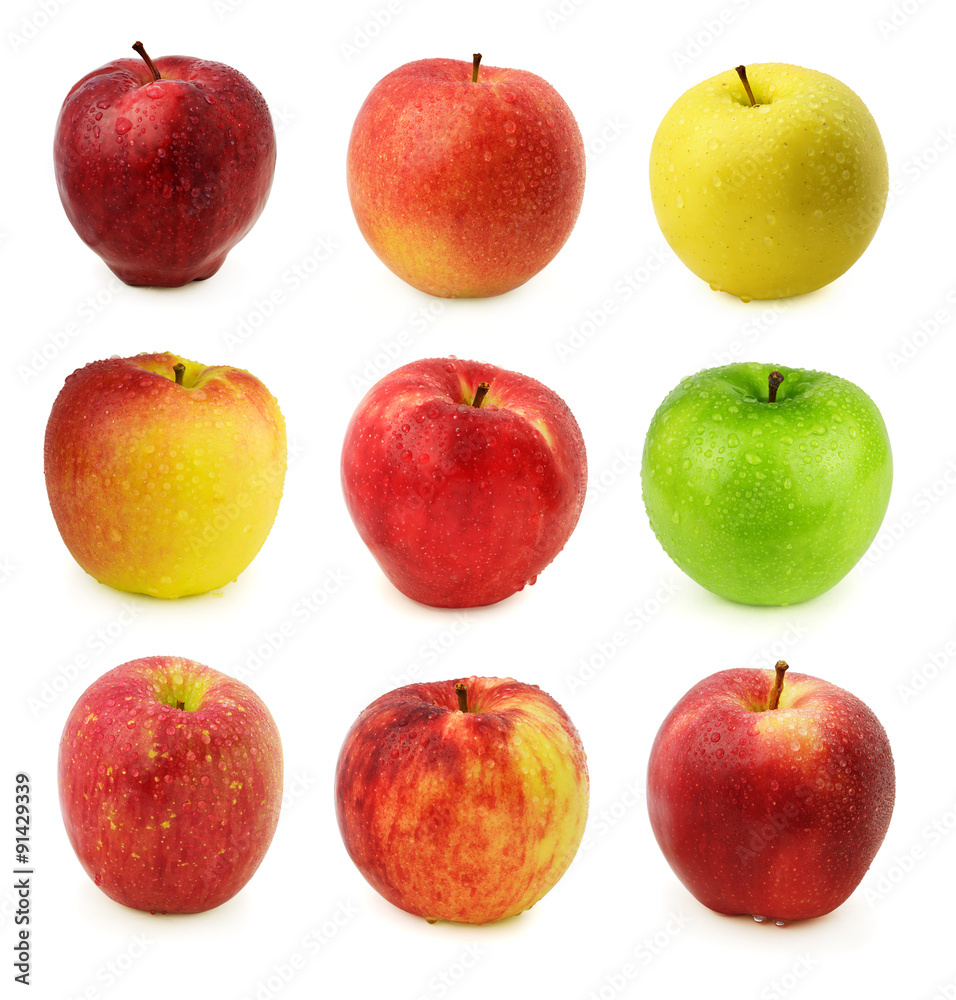 Apples isolated on white. 1 row: Red Delicious, Sonya, Golden Delicious ...