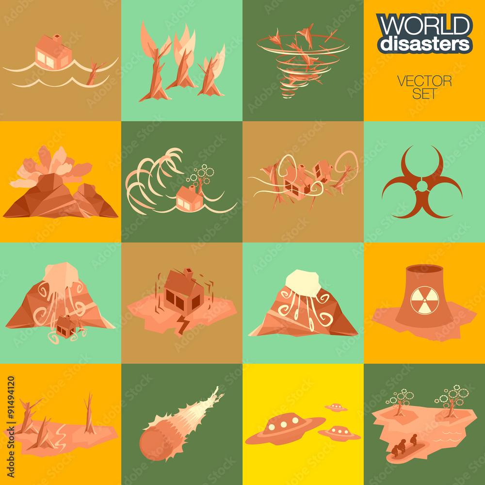 Different disasters icons. Flood, wildfire, tornado, hurricane, volcano ...