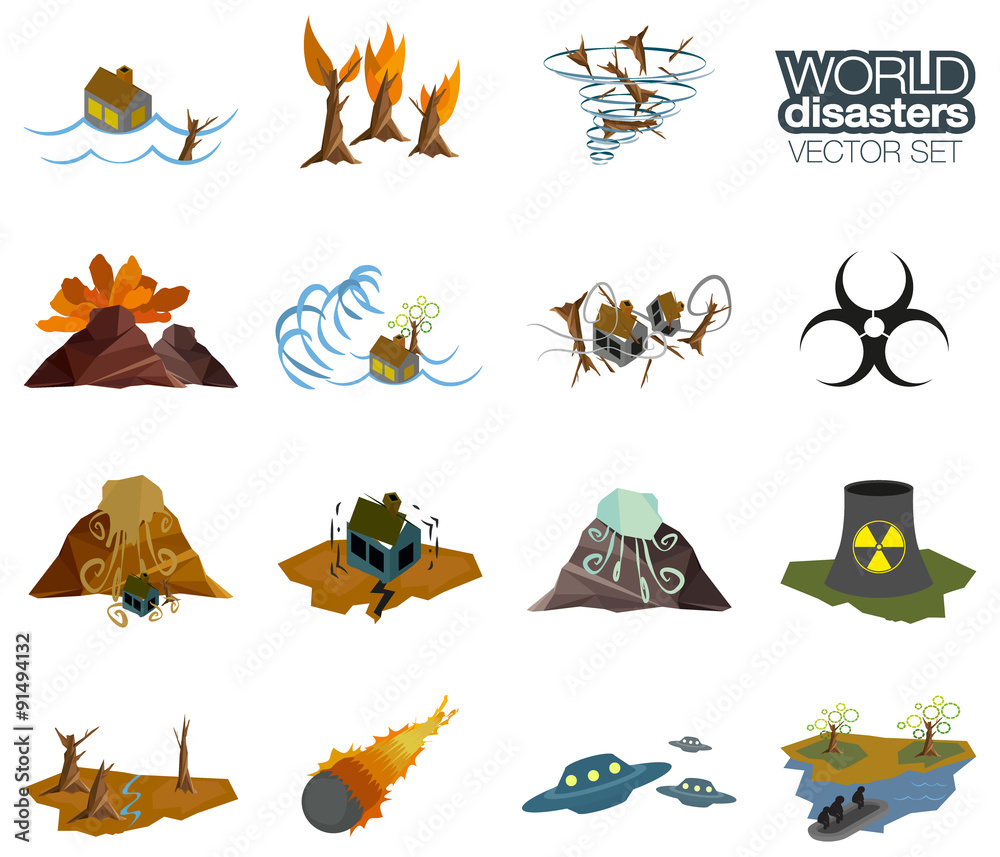 Different disasters icons. Flood, wildfire, tornado, hurricane, volcano ...