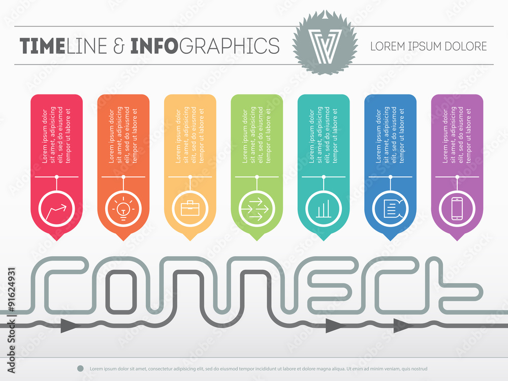 Infographic timeline about connect with 7 parts. Time line of te Stock ...
