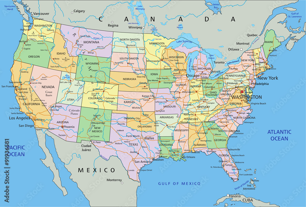 United States of America - Highly detailed editable political map with ...