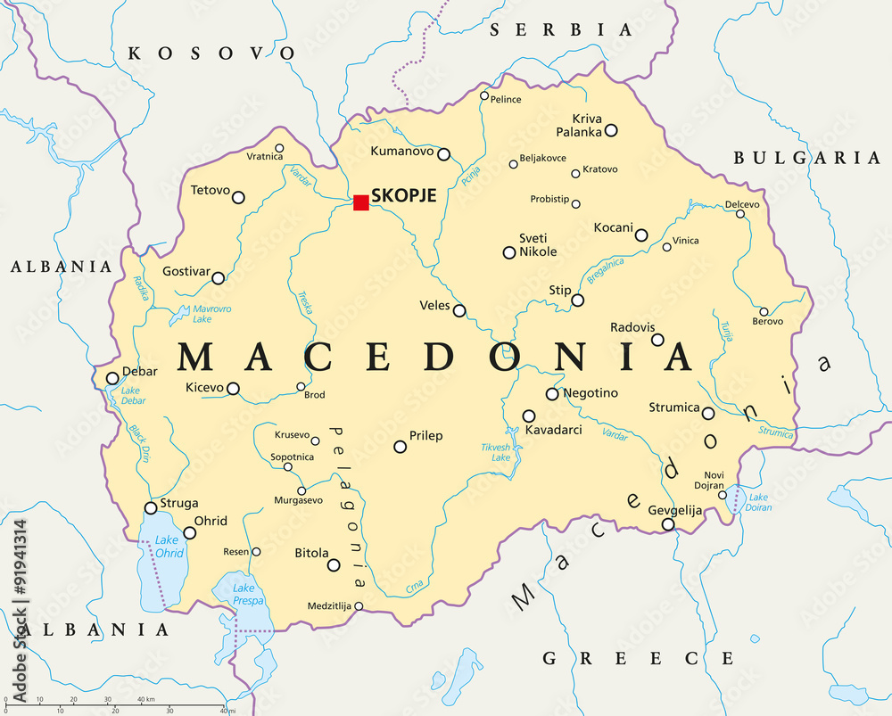 Macedonia political map with capital Skopje, national borders ...