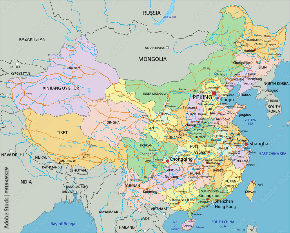 China - Highly detailed editable political map with labeling. Stock ...