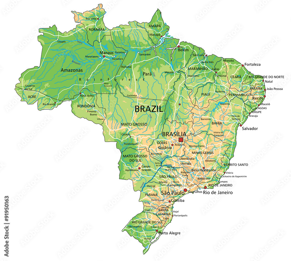 High detailed Brazil physical map with labeling. Stock Vector | Adobe Stock