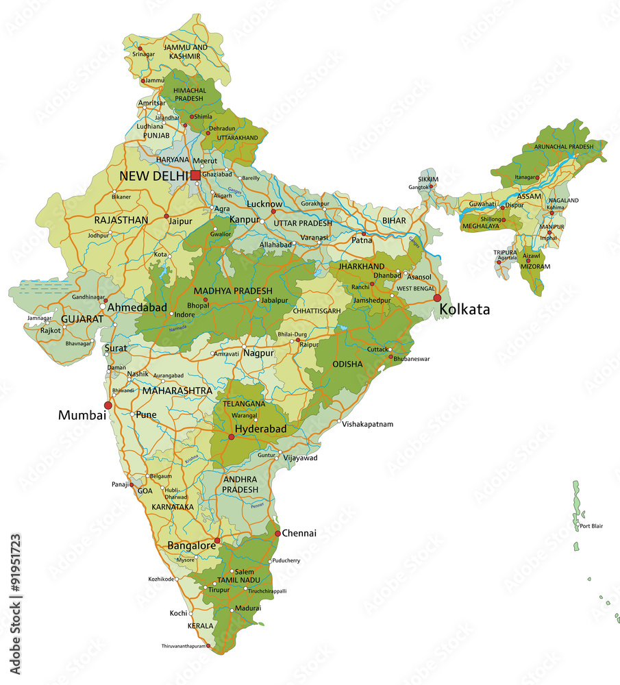 Highly detailed editable political map with separated layers. India ...
