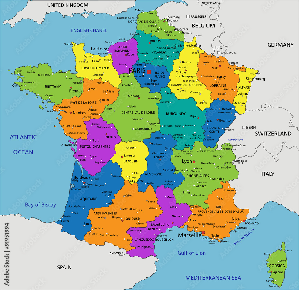Colorful France political map with clearly labeled, separated layers ...