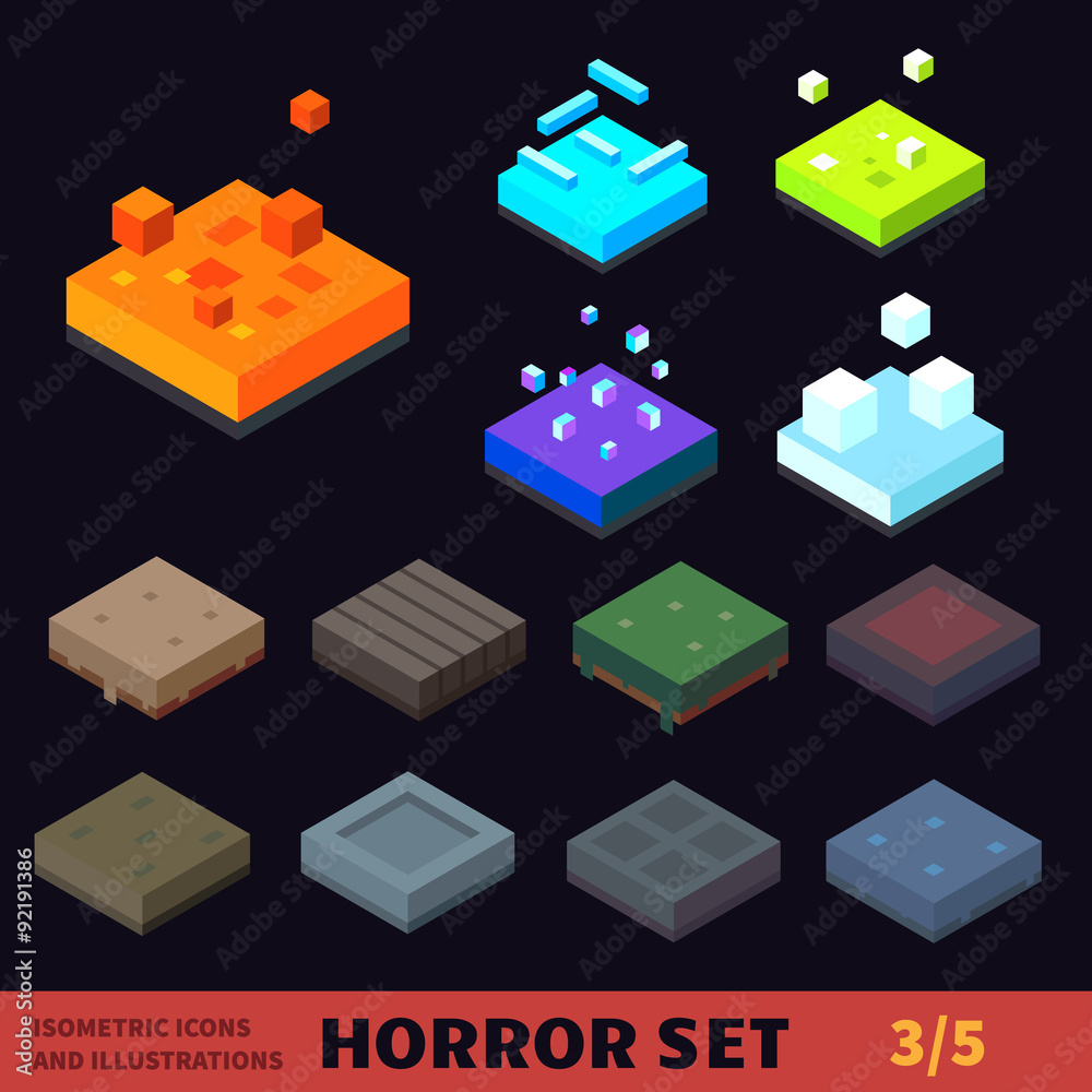 Isometric horror vector tile set. Tiles: fire, flame, ice, snow, grass ...