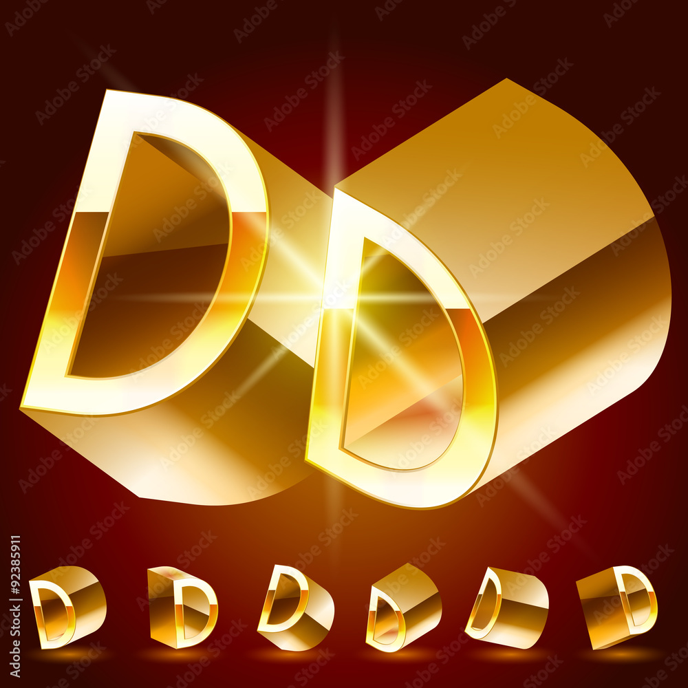 3D vector deluxe alphabet of randomly rotated thin golden symbols. All ...