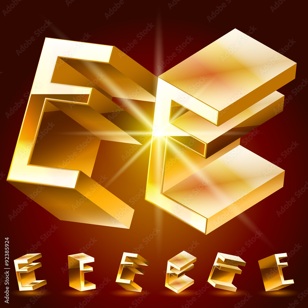3D vector deluxe alphabet of randomly rotated thin golden symbols. All ...