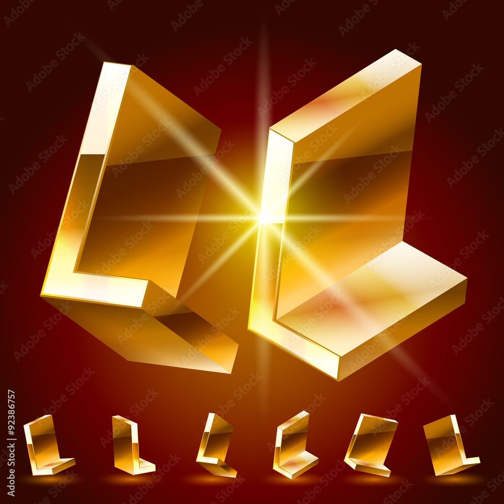 3D vector deluxe alphabet of randomly rotated thin golden symbols. All ...
