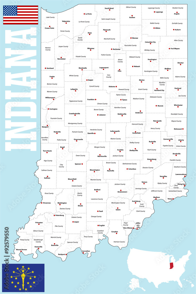 A large and detailed map of the State of Indiana with all counties and ...