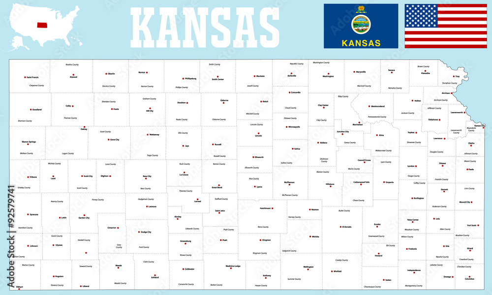 A large and detailed map of the State of Kansas withh all counties and ...