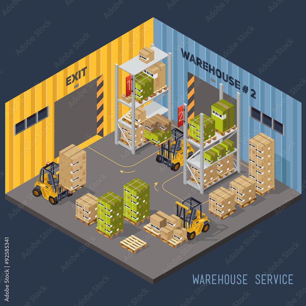 Warehouse racking and forklift and load. The sorting process technology ...