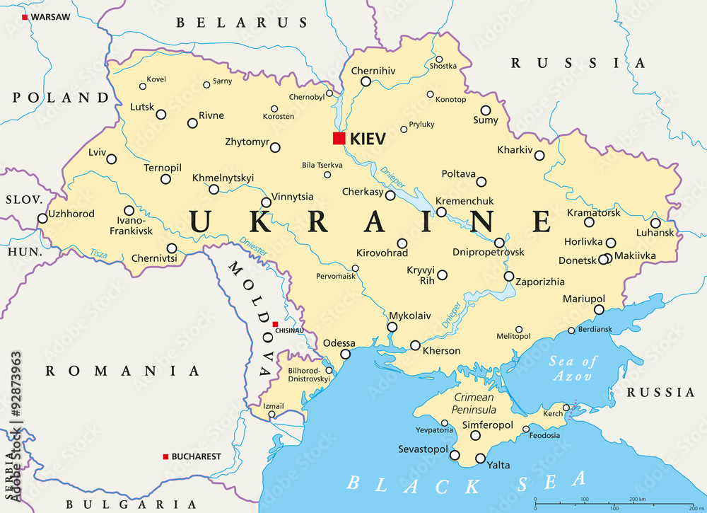Ukraine political map with capital Kiev, national borders, important ...